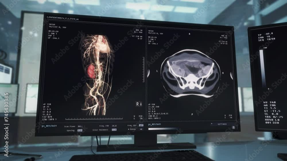 Medical X-ray scanner inspecting the patients body organs in search of ...