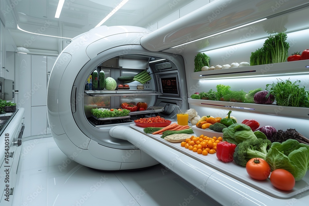 An innovative concept of a futuristic refrigerator fully stocked with a ...