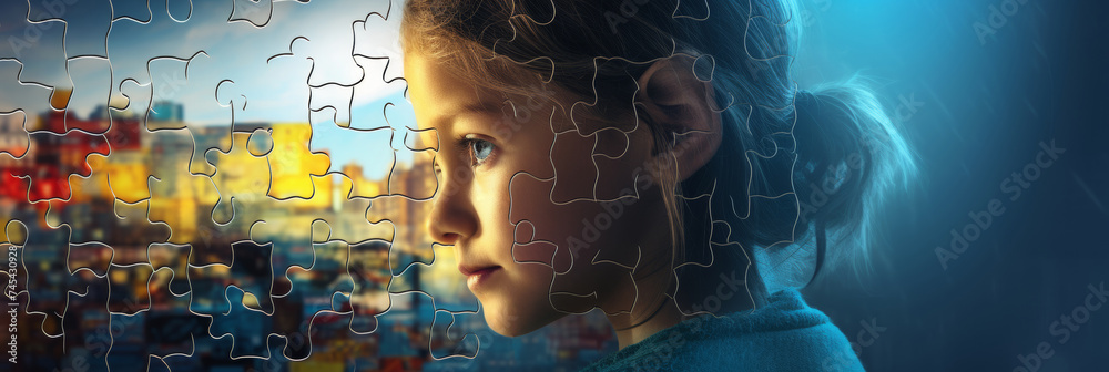 Young Girl and Puzzle Pieces, blue background. World Autism Awareness ...