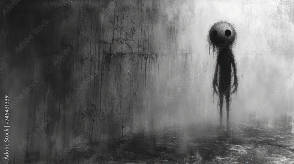 a black and white photo of an alien standing in a foggy room with a ...