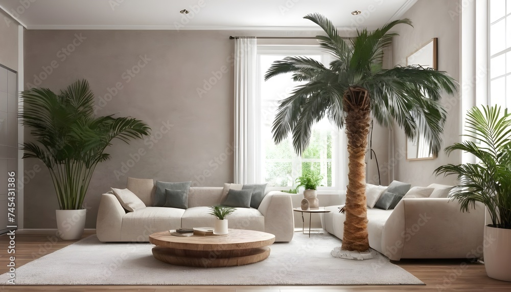Beautiful large palm in the area. one element of the interior design ...