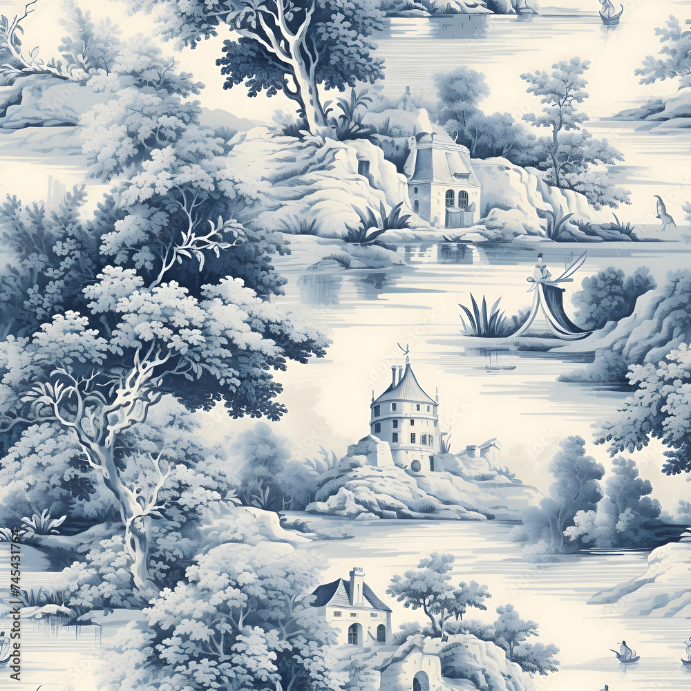 Toile de jouy pattern with countryside views with castles and houses ...