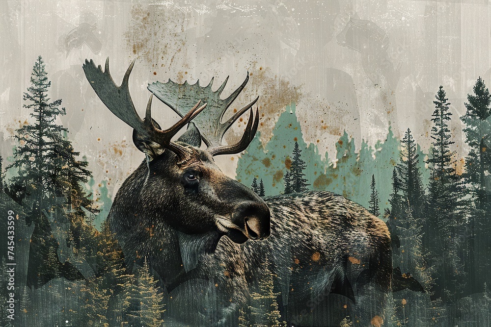 Collage with a B&W photo of Canadian wildlife like a moose or bear, set ...