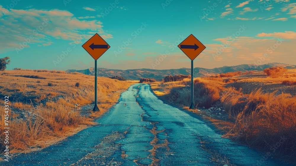 In a surreal landscape, a road splits into two distinct paths, with a ...