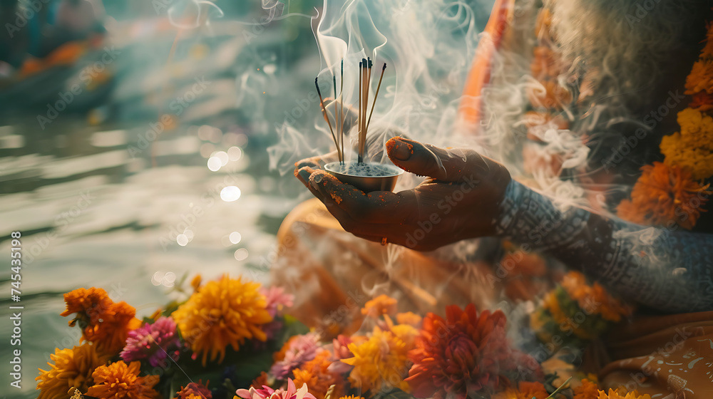 Um sacerdote hindu realizando um ritual de fogo em um templo ao ar ...