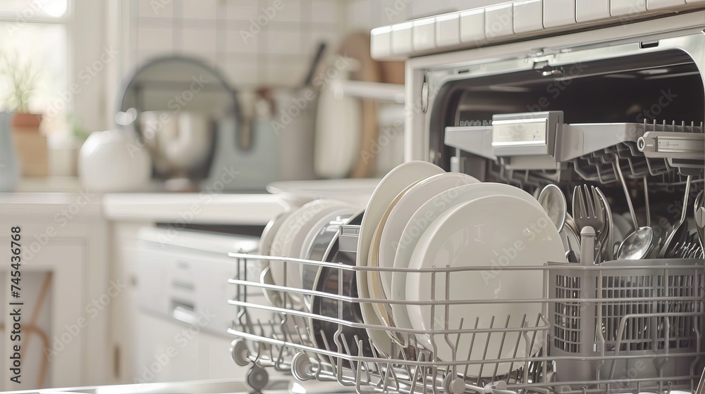 An open dishwasher reveals sparkling clean dishes neatly arranged ...
