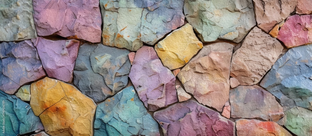 This close-up shows a multi-colored rock wall with a textured surface ...