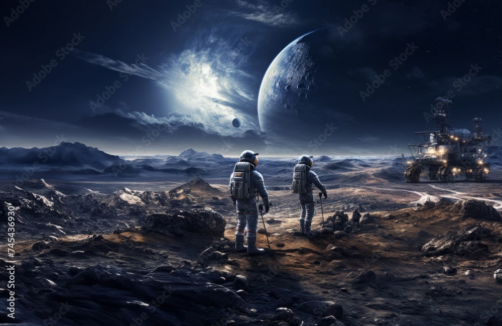A group of modern astronauts is depicted exploring the hazardous ...