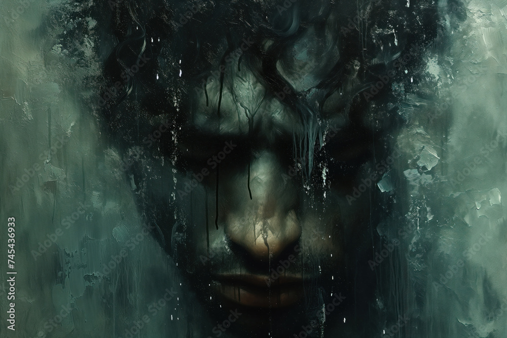 Sad depressed man with tousled hair, tense face and closed eyes on ...