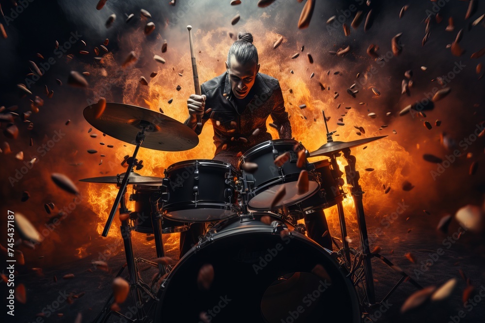 Drummer in action with a fiery backdrop. Man drumming on a set. Concept ...