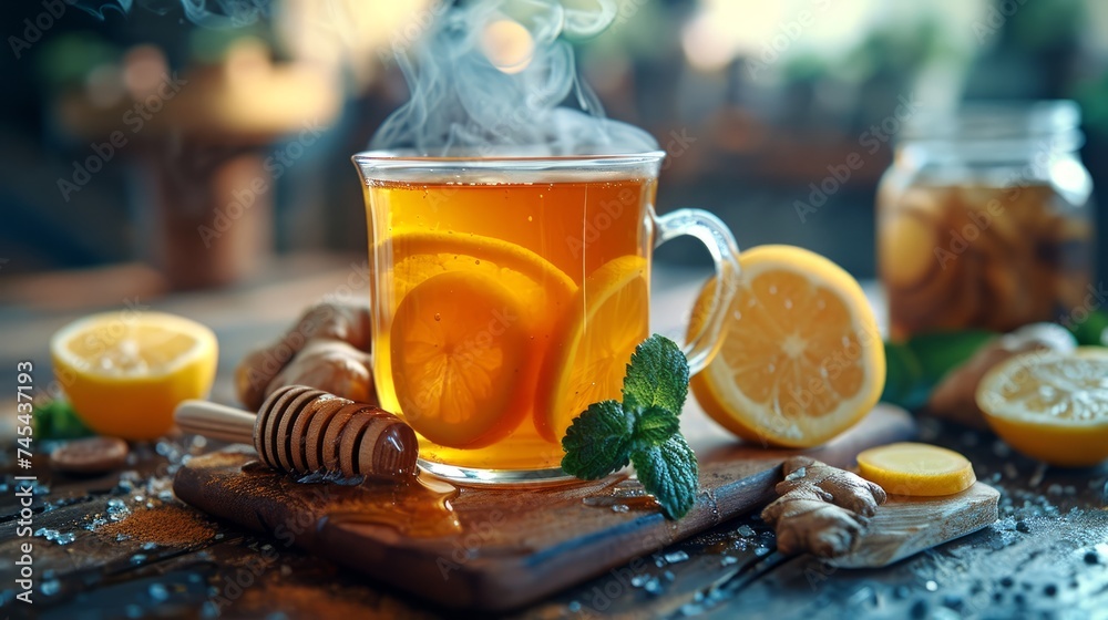 Warm citrus tea in a clear mug, with lemon and honey. Concept of ...