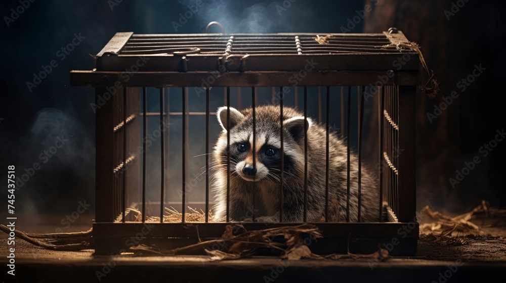 Raccoon locked in cage. Lonely animal in captivity behind a fence with ...