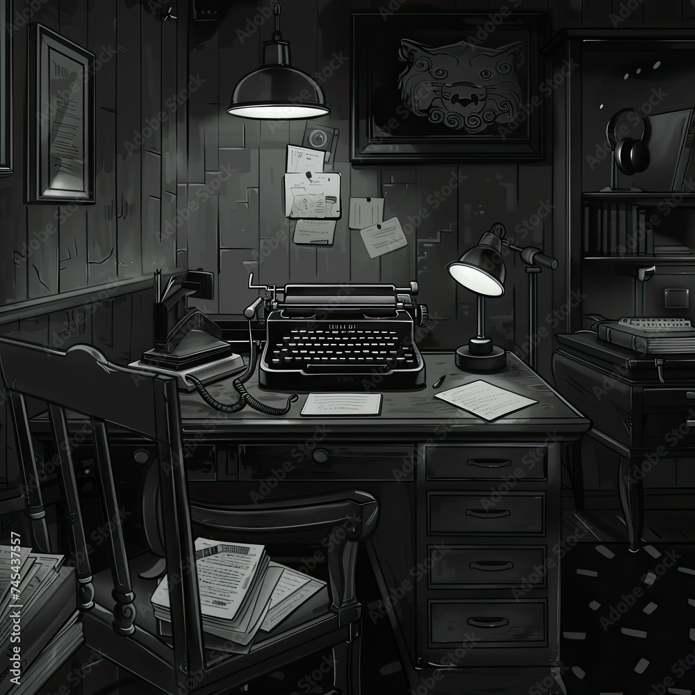 60s detective office, buffalo sleuth, typewriter, noir phone, captured ...