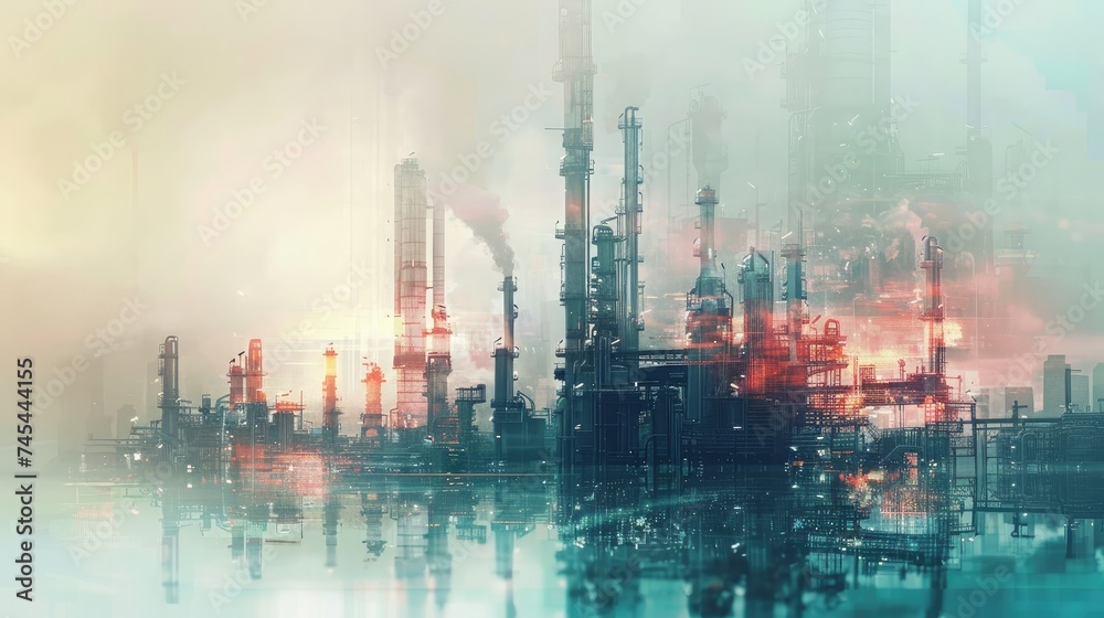 Future factory plant and energy industry concept in creative graphic ...