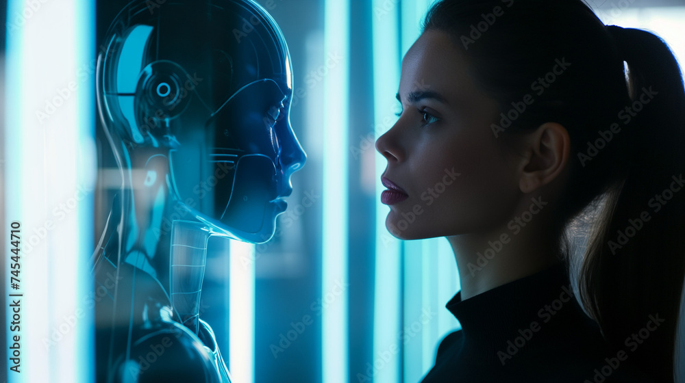 Woman opposite AI, tecknology The concept of confrontation between ...