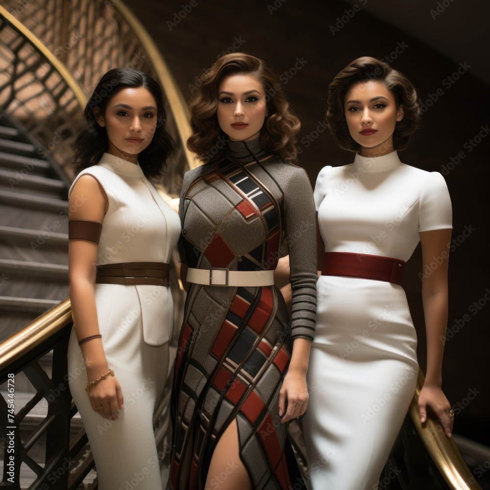 Three women. Fashionable clothes displayed on female. Group of fashion ...