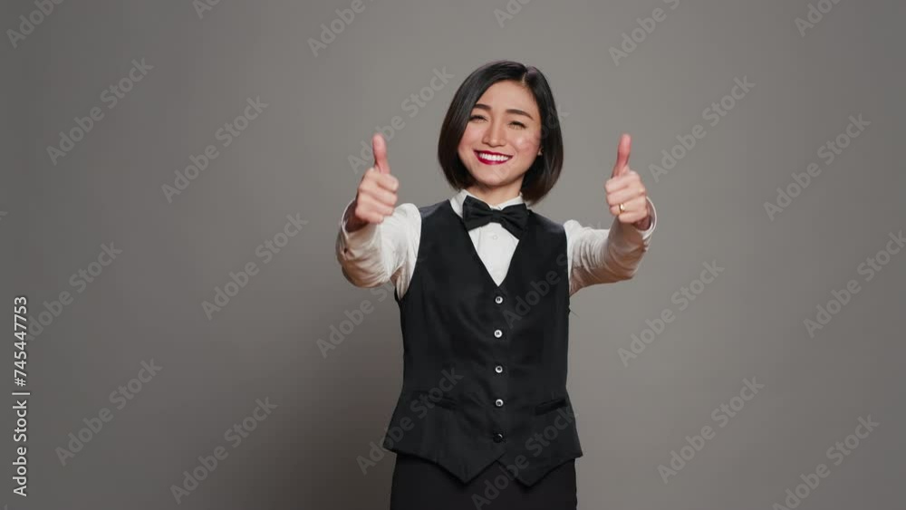 Asian reception staff doing thumbs up symbol on camera, showing ...