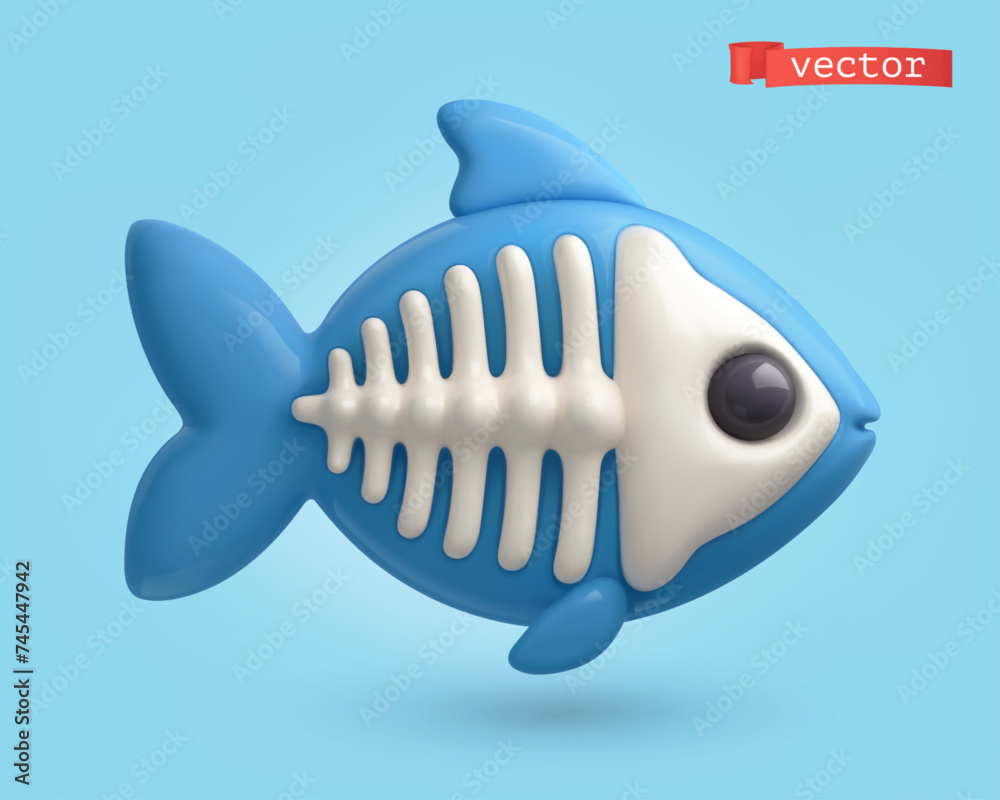 Fish skeleton, 3d render vector cartoon icon Stock Vector | Adobe Stock