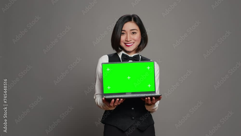 Asian hotel concierge holding pc with greenscreen on camera, presenting ...