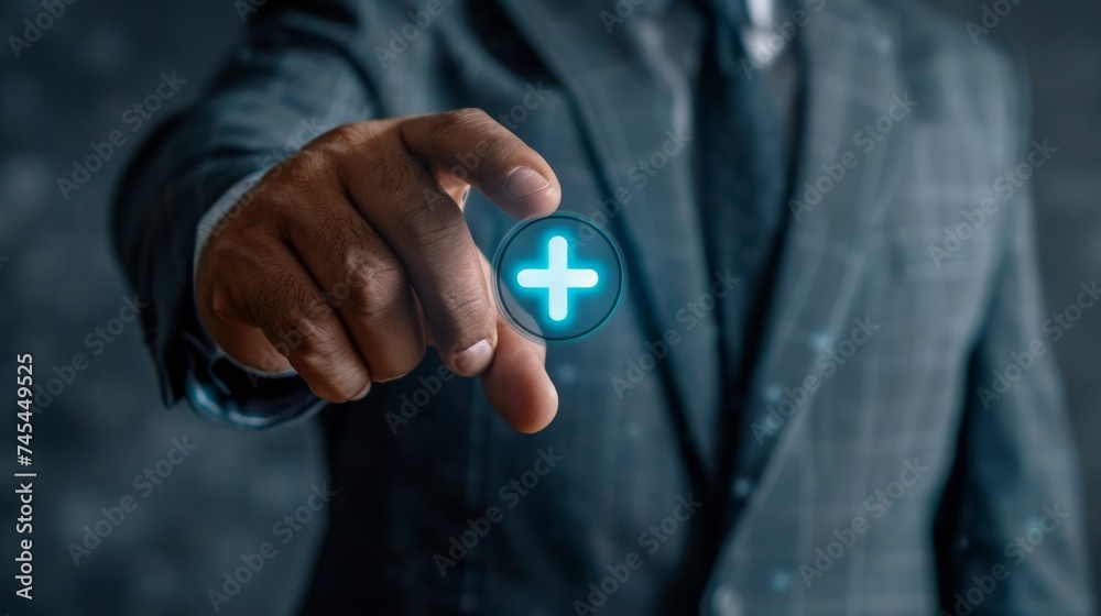 Virtual blue plus sign as a symbol of medical health healthcare ...