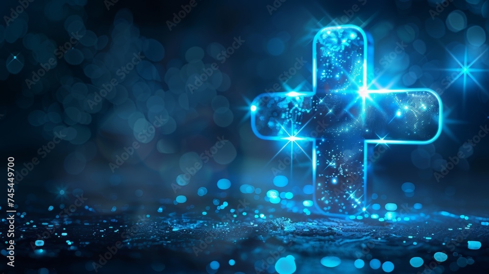 Virtual blue plus sign as a symbol of medical health healthcare ...