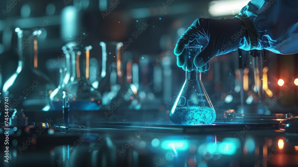 Futuristic Laboratory Research. Gloved hand holding a flask with ...