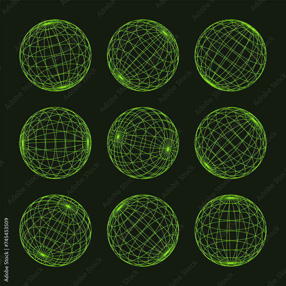 Wireframe shapes, lined sphere. Perspective mesh, 3d grid. Low poly ...