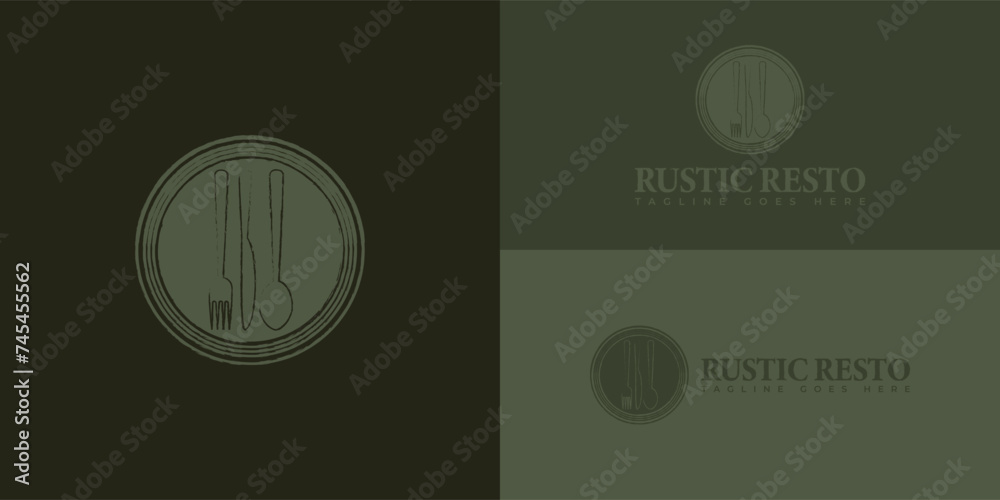 Abstract rustic restaurant logo in soft green color presented with ...