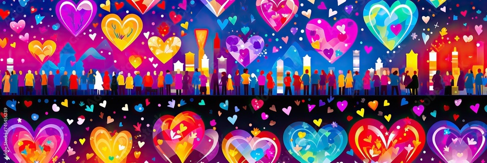 Crowd of People in Urban Setting with multiple hearts in various shapes ...