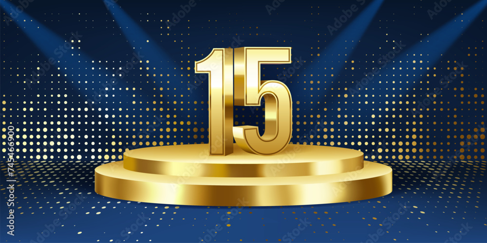 15th Year anniversary celebration background. Golden 3D numbers on a ...
