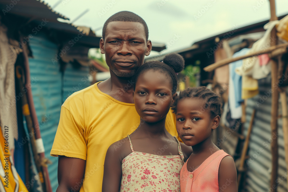 Poor African family, father with his two daughters living in third ...