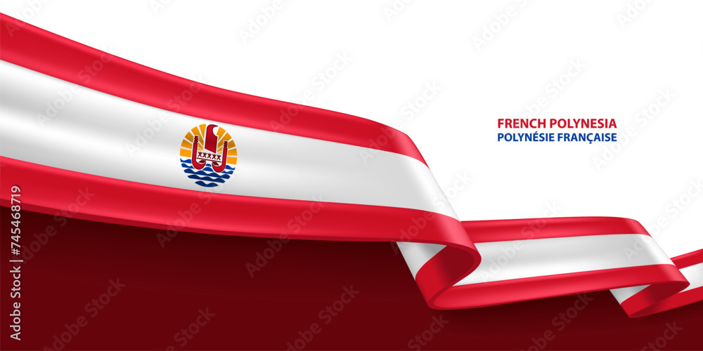French Polynesia 3D ribbon flag. Bent waving 3D flag in colors of the ...