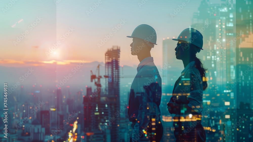 Double exposure manager engineer professional team,stand back view on ...