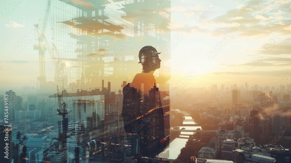 Double exposure manager engineer professional team,stand back view on ...