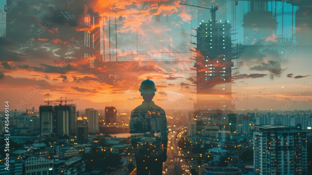 Double exposure manager engineer professional team,stand back view on ...