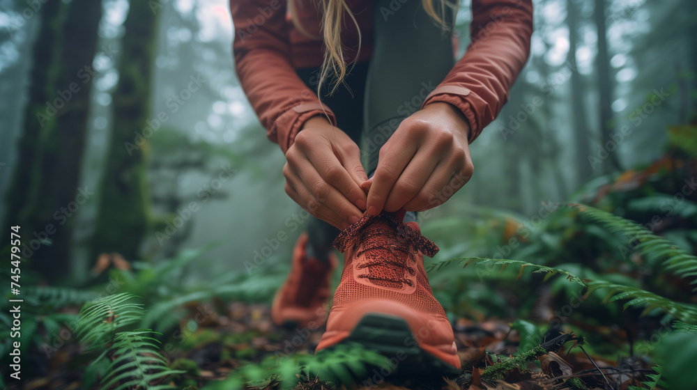 Trail runner hiking woman tying lac on trail run and hike. a woman ...