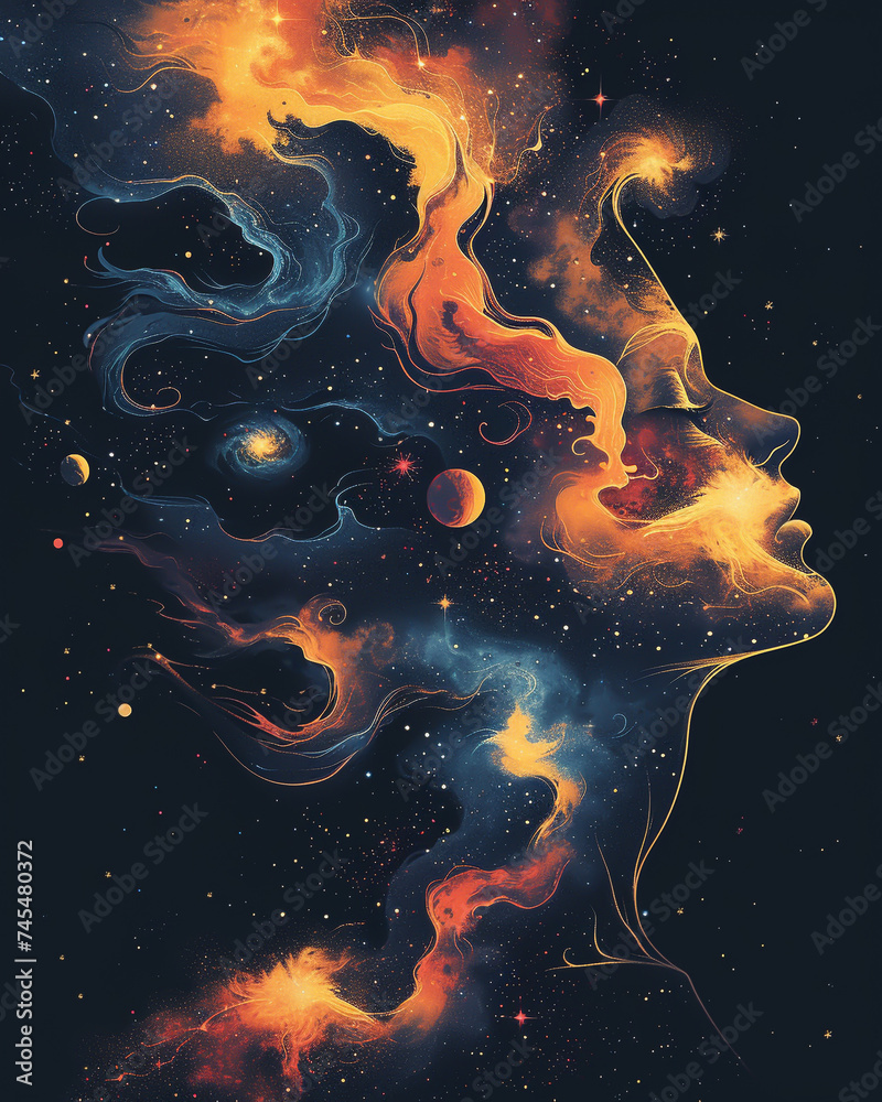 a stylized illustration of a cosmic being its head a vivid array of ...