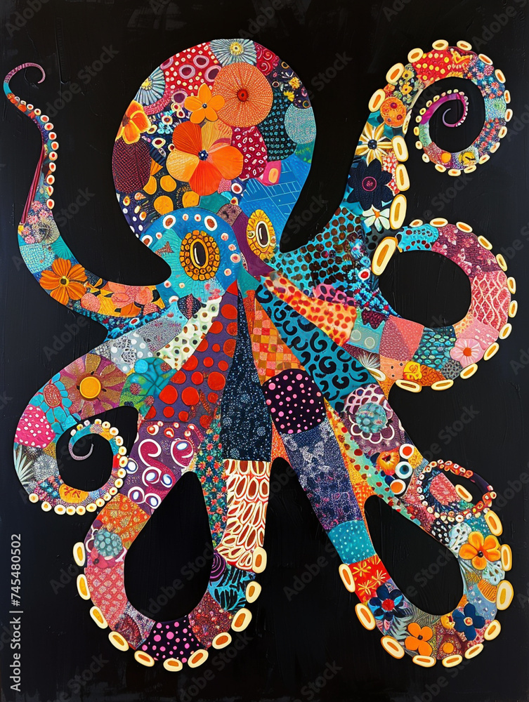 octopus in the art style of bold colors and quilted patterns whimsical ...