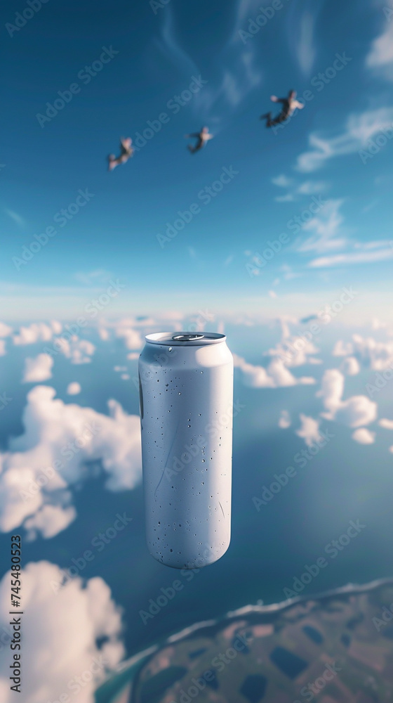 plain white matte soft drink can falling out of a plane clear front ...