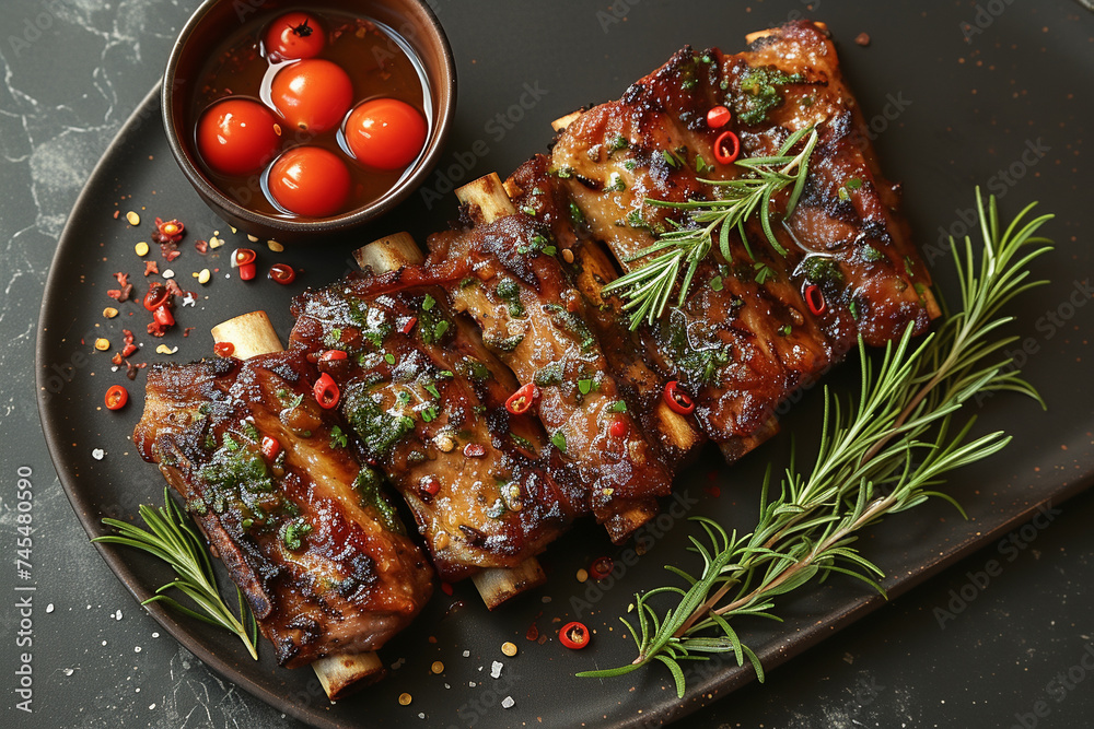 stylized lamb ribs with herbal garnishes in the manner of a modern ...