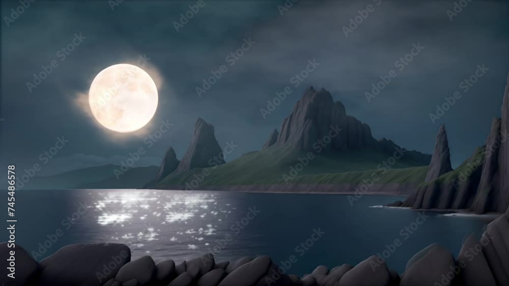 Vidéo Stock The full moon rises over a serene lake surrounded by dark ...
