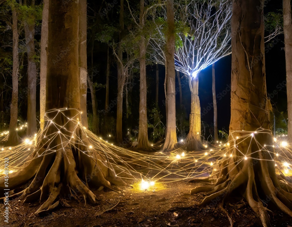 A post-human forest with interconnected, bioluminescent tree roots ...