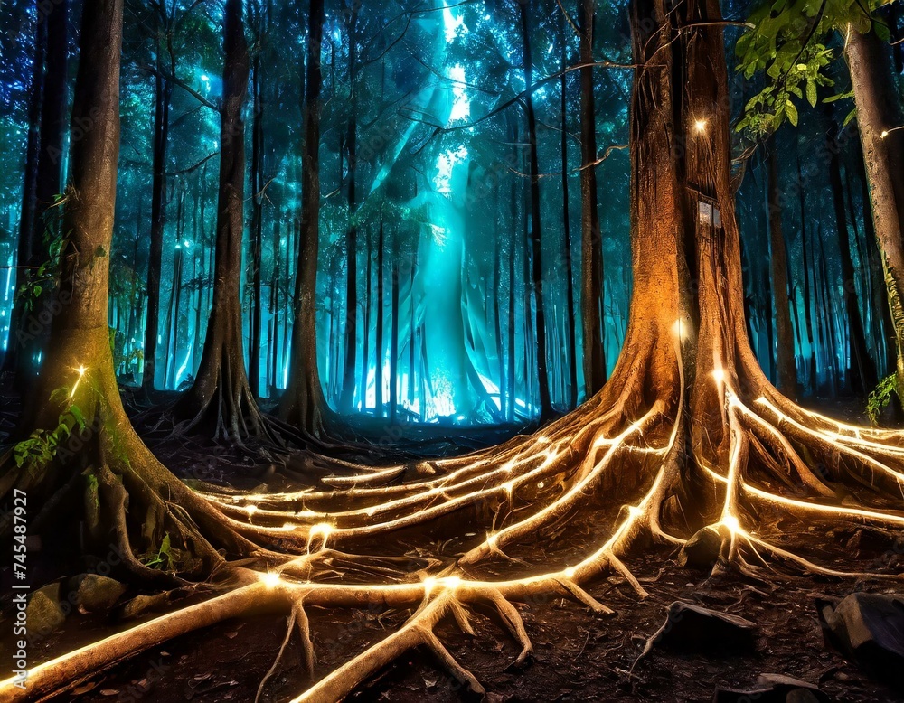 A post-human forest with interconnected, bioluminescent tree roots ...
