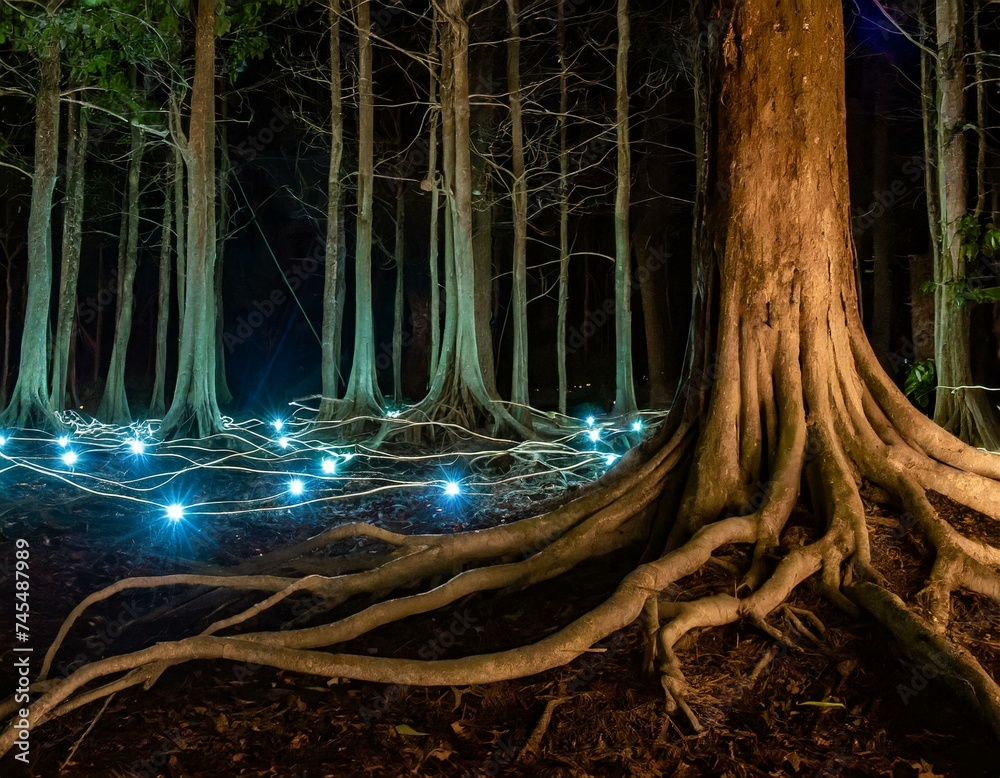 A post-human forest with interconnected, bioluminescent tree roots ...