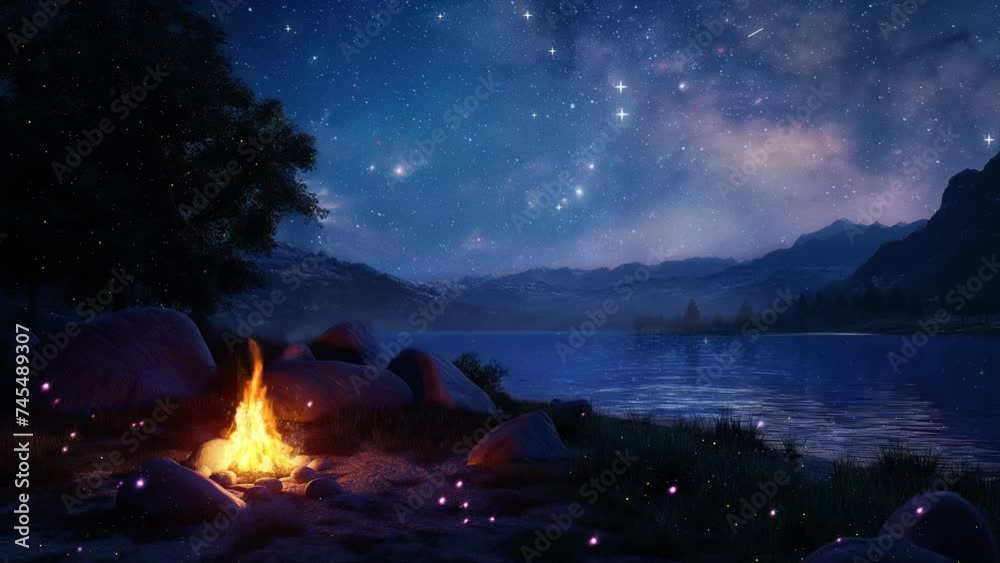 exploring the wilderness in summer. a glowing camp. seamless looping ...