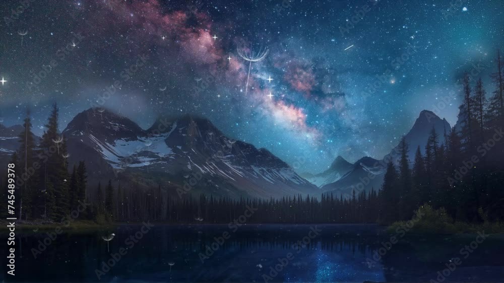 milky way over forest and lake. amazing night sky background. seamless ...