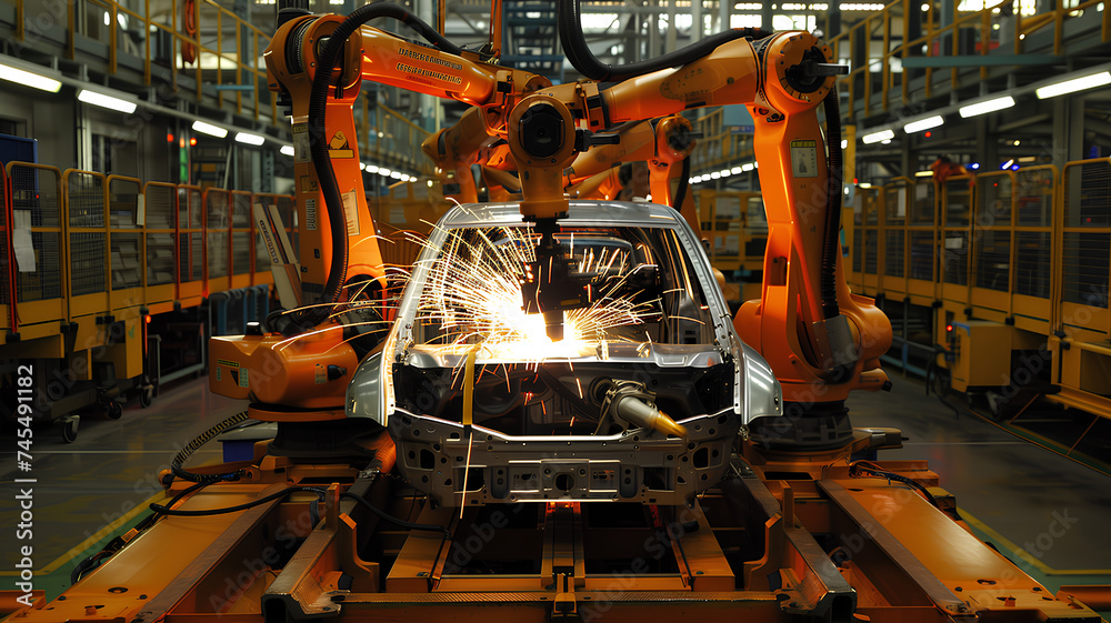 A robotic arm performs precision welding on an automotive assembly line ...