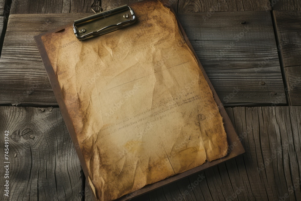 A clipboard with old, scrap paper is presented, with a texture-rich ...