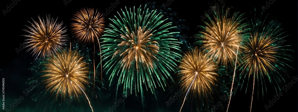 Panoramic view of green fireworks display on plain black background ...