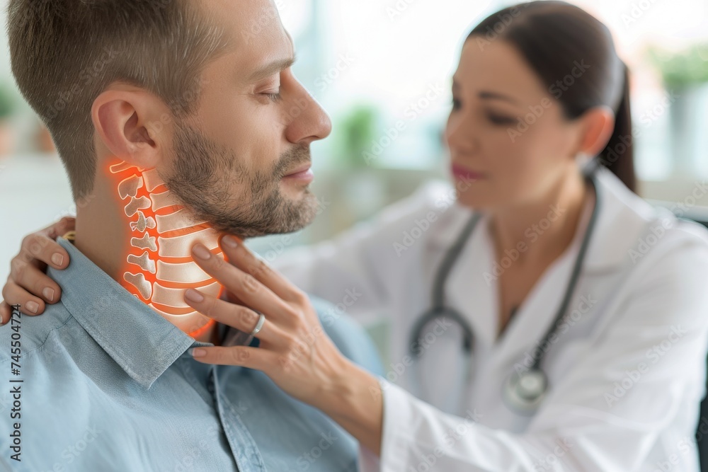 Focused healthcare provider palpates the neck of a male patient, with a ...